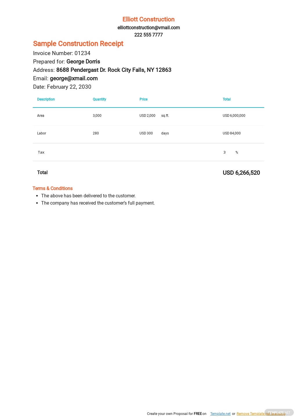 Construction Receipt Template Word - BestTemplatess - BestTemplatess