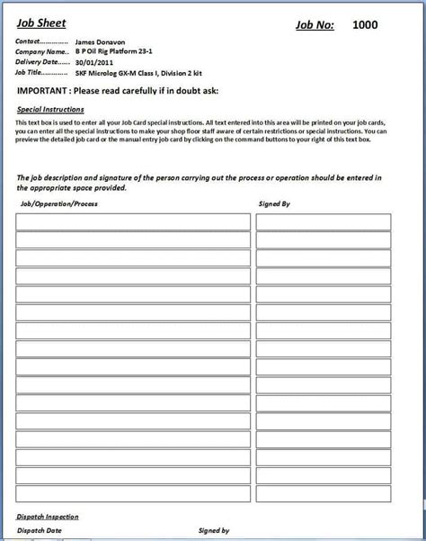 Job Sheets Templates - BestTemplatess - BestTemplatess