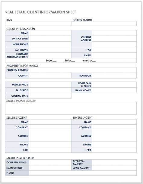 Real Estate Client Information Sheet Template - BestTemplatess ...