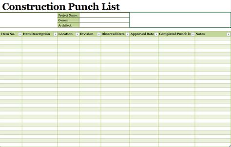 Construction Punch List Template Excel - BestTemplatess - BestTemplatess