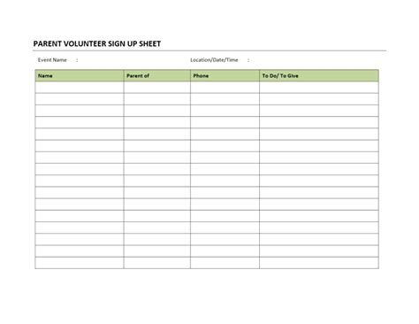 Parent Volunteer Sign Up Sheet Template - BestTemplatess - BestTemplatess