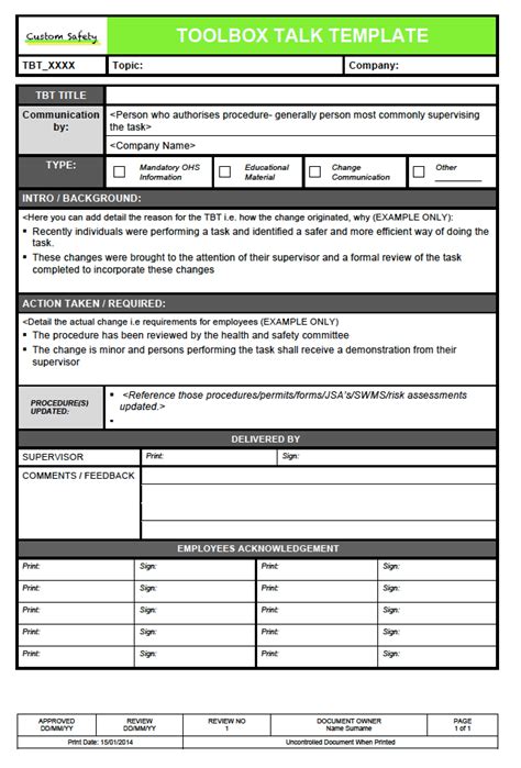 Toolbox Talk Template Word - BestTemplatess - BestTemplatess