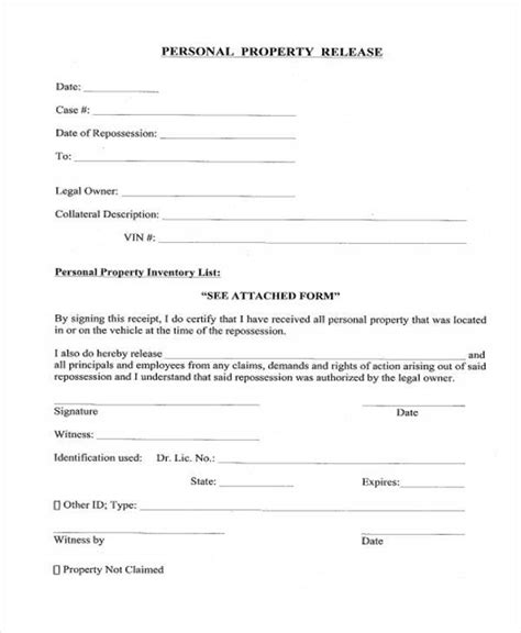 Personal Property Release Form Template - BestTemplatess - BestTemplatess