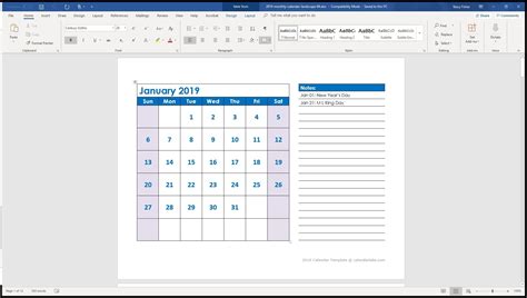 Microsoft Word 2015 Monthly Calendar Template - BestTemplatess ...