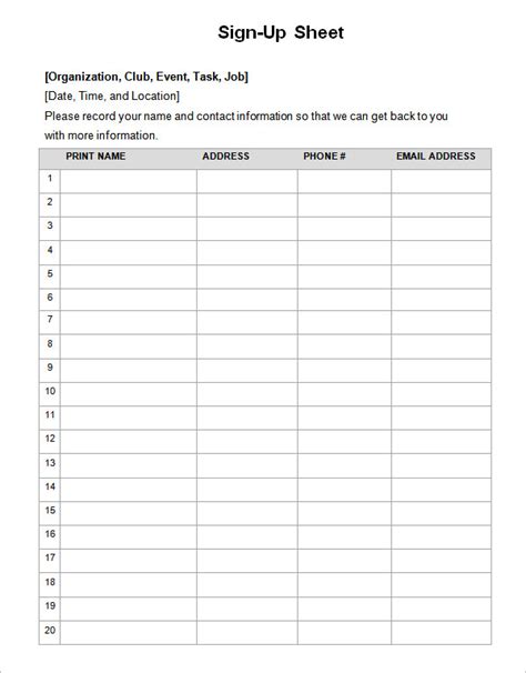 Free Sign Up Sheet Template Printable - BestTemplatess - BestTemplatess