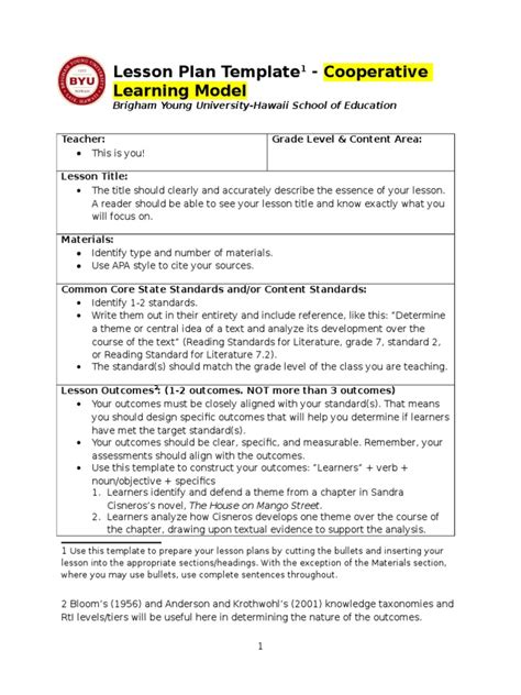 Cooperative Learning Lesson Plan Template - BestTemplatess - BestTemplatess
