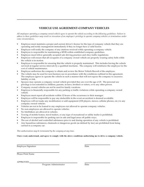 Employee Vehicle Use Agreement Template - BestTemplatess - BestTemplatess