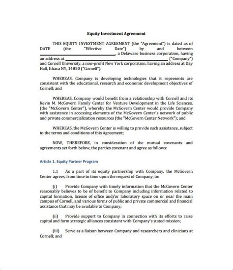 Equity Investment Agreement Template - BestTemplatess - BestTemplatess