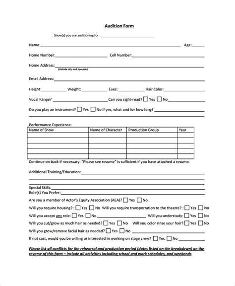 Audition Forms Template - BestTemplatess - BestTemplatess