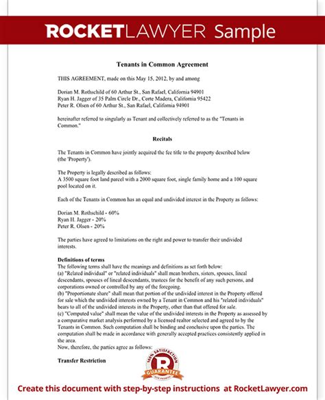 Tenants In Common Agreement Template - BestTemplatess - BestTemplatess
