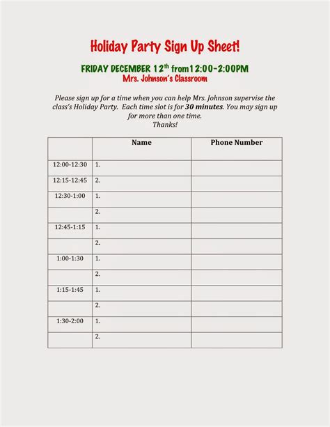 Holiday Sign Up Sheet Templates - BestTemplatess - BestTemplatess