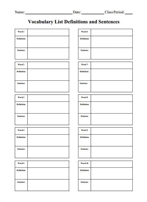 Vocabulary Words Worksheet Template - BestTemplatess - BestTemplatess