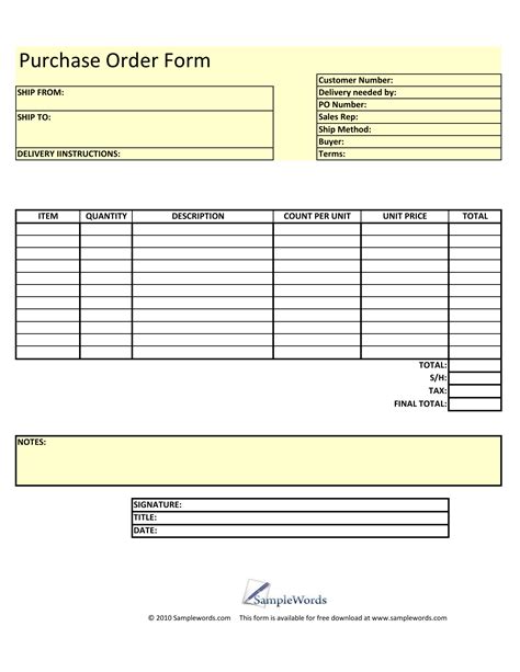 Purchase Order Form Template Excel - BestTemplatess - BestTemplatess