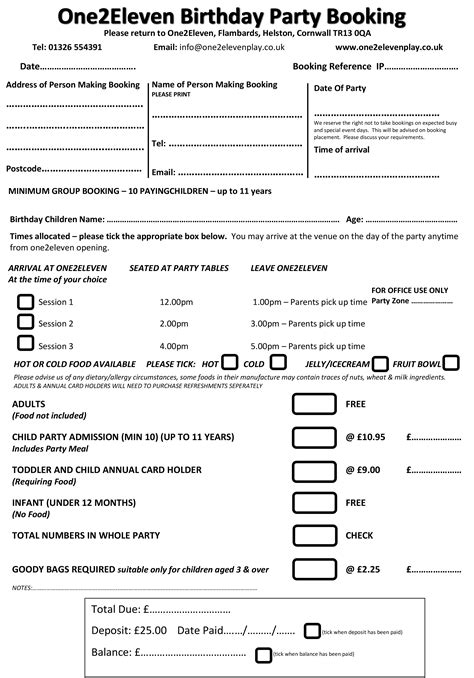 Party Booking Form Template - BestTemplatess - BestTemplatess