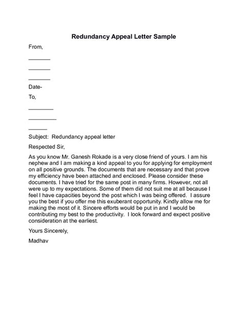 Redundancy Appeal Letter Sample - BestTemplatess - BestTemplatess