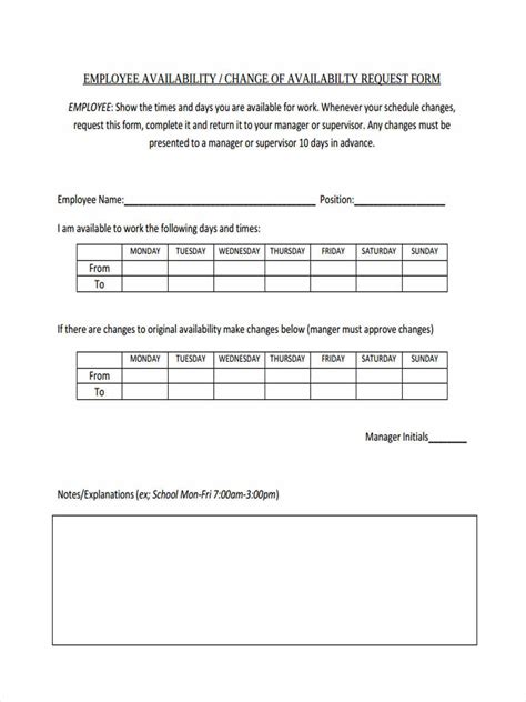 Work Availability Form Template - BestTemplatess - BestTemplatess