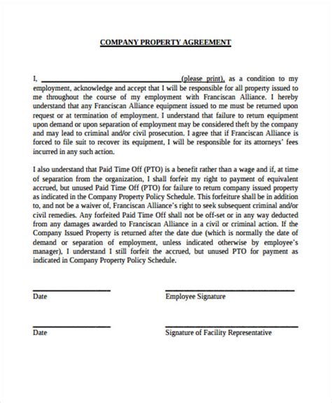 Company Property Agreement Template - BestTemplatess - BestTemplatess