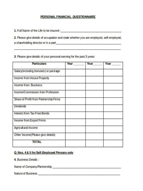 Financial Questionnaire Template - BestTemplatess - BestTemplatess