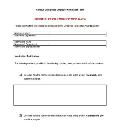Employee Recognition Nomination Form Template - BestTemplatess ...