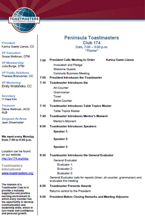 Toastmasters Meeting Agenda Template - BestTemplatess - BestTemplatess