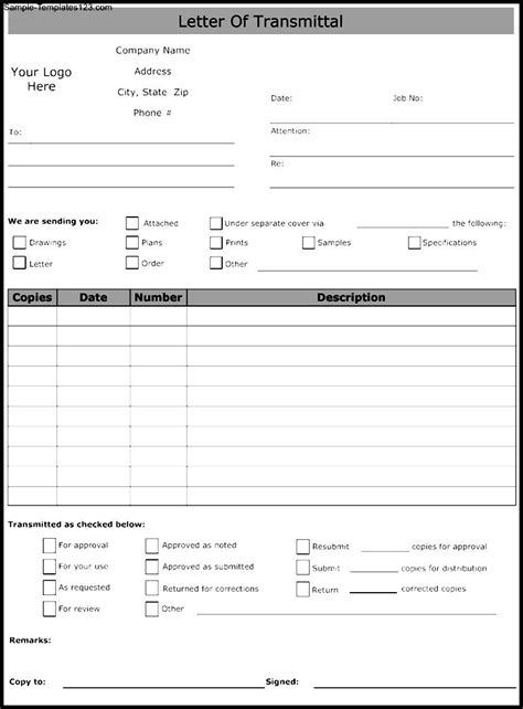 Sample Transmittal Form Template - BestTemplatess - BestTemplatess