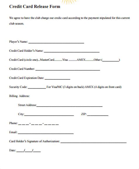 Credit Card Release Form Template - BestTemplatess - BestTemplatess
