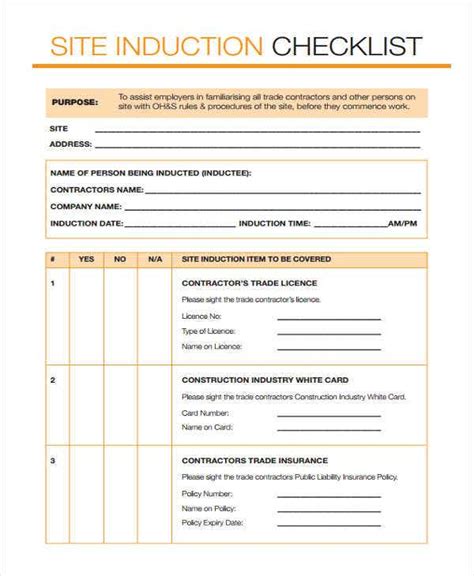 Site Induction Form Template - BestTemplatess - BestTemplatess