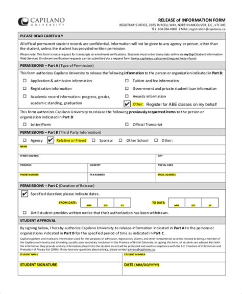 Release Of Information Form Template - BestTemplatess - BestTemplatess
