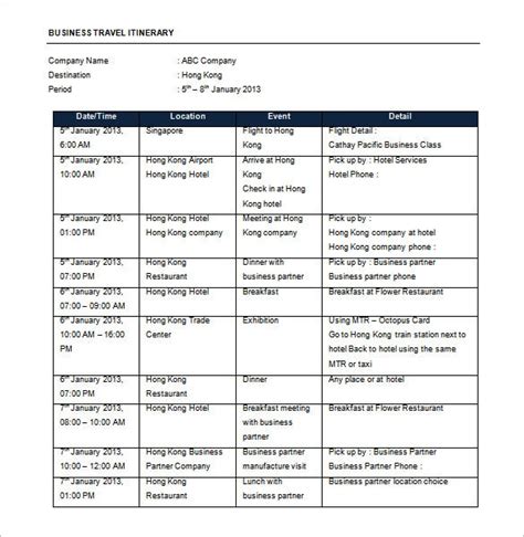Business Trip Schedule Template - BestTemplatess - BestTemplatess